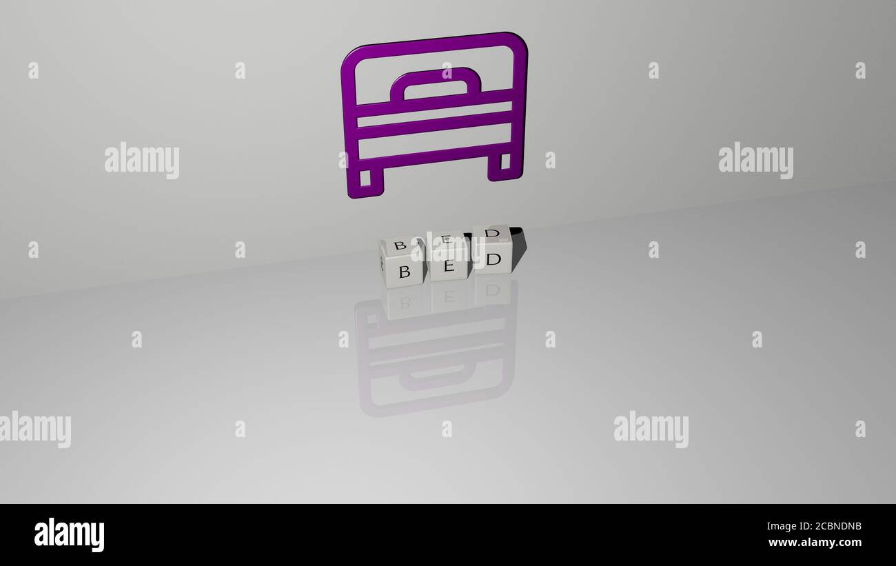 BED text of cubic dice letters on the floor and 3D icon on the wall, 3D ...