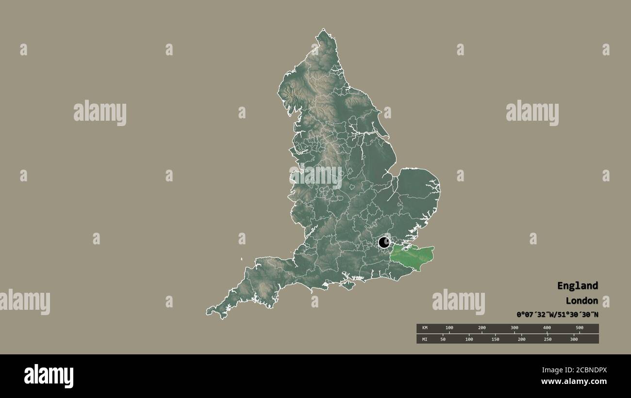 Desaturated shape of England with its capital, main regional division ...