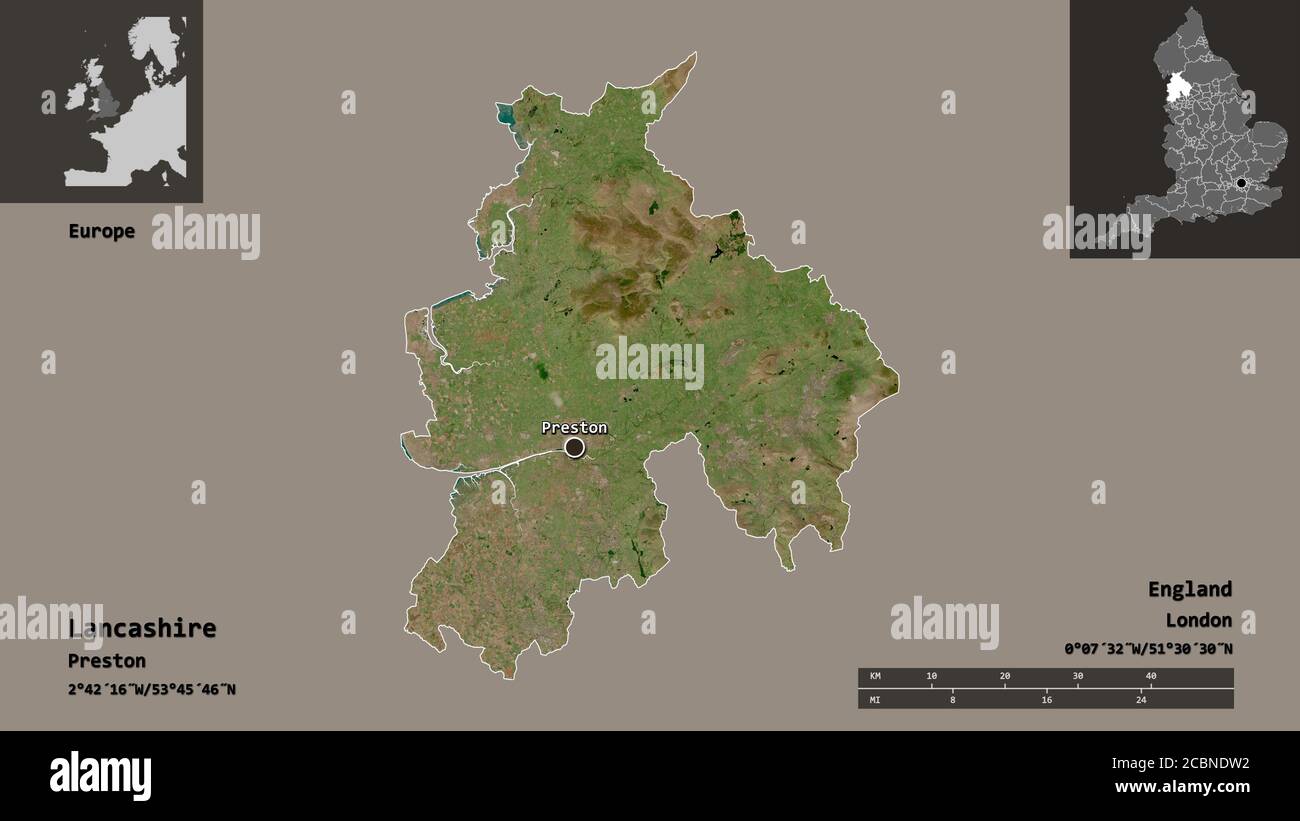 Shape of Lancashire, administrative county of England, and its capital ...