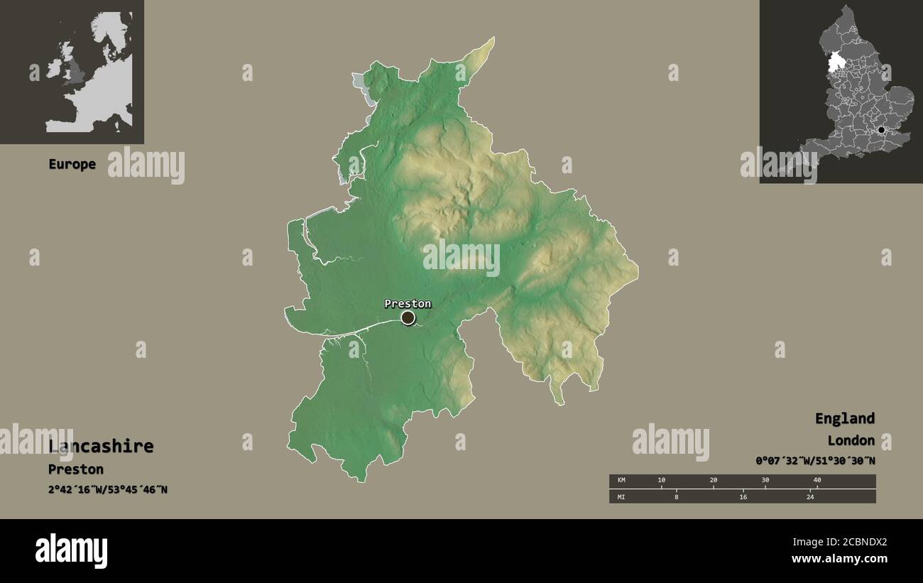 Shape of Lancashire, administrative county of England, and its capital ...