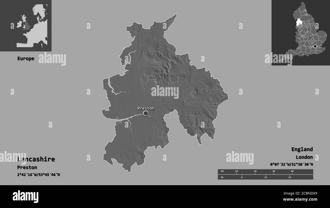Shape of Lancashire, administrative county of England, and its capital ...