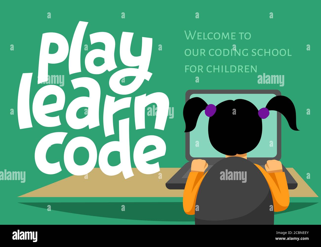 A vector image of a girl sitting at the desk and coding on the laptop ...