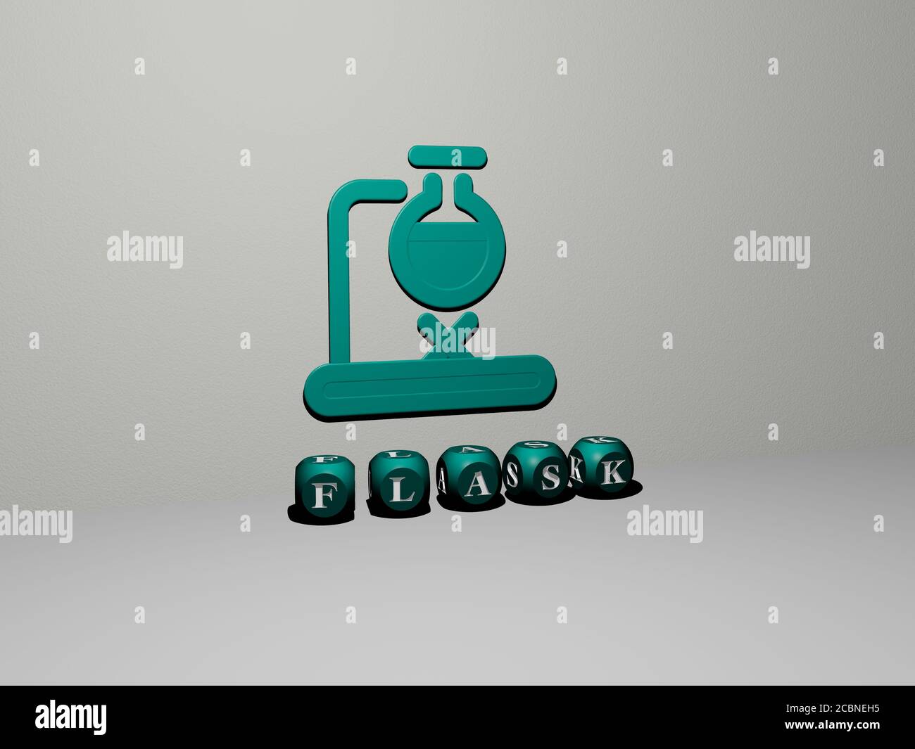flask 3D icon on the wall and text of cubic alphabets on the floor, 3D ...