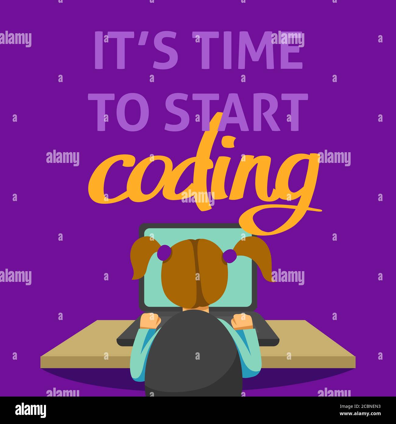 A Vector Image Of A Girl Sitting At The Desk And Coding On The Laptop