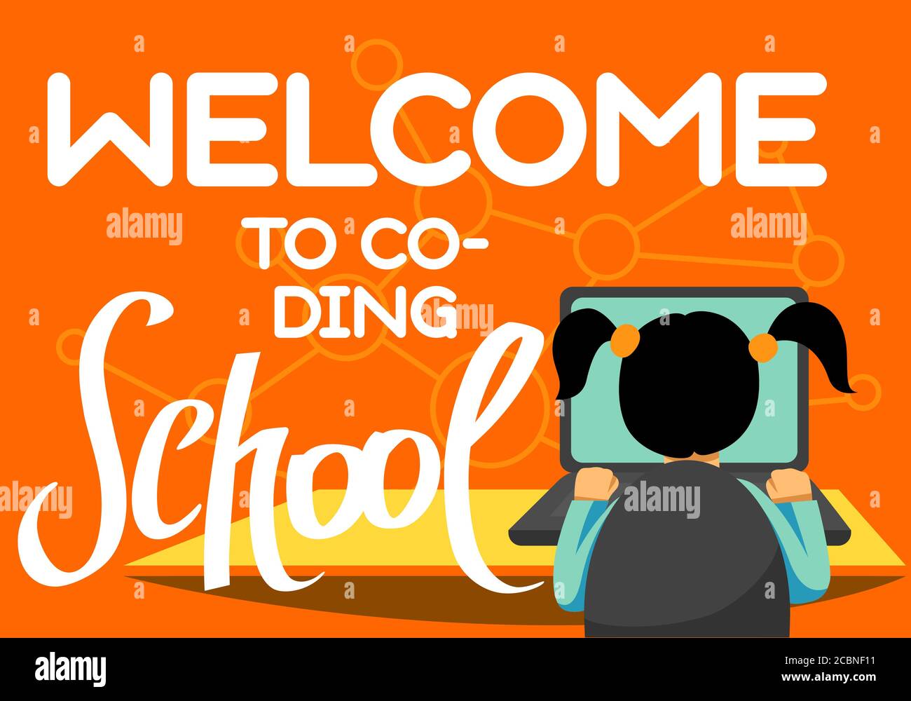 A Vector Image Of A Girl Sitting At The Desk And Coding On The Laptop With A Orange Background