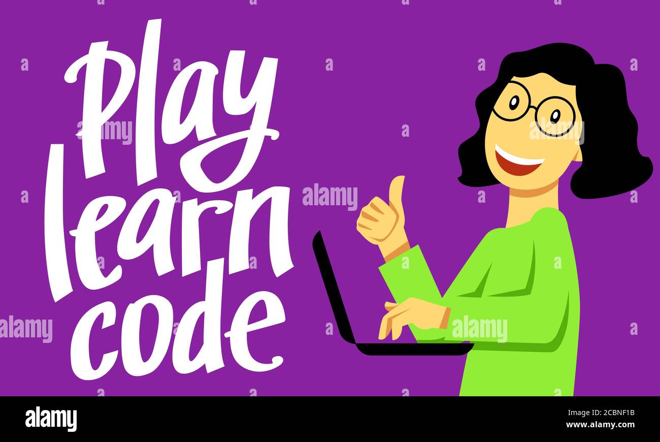 A square image of the girl who studies coding. A vector image for a flyer or a poster for the ...