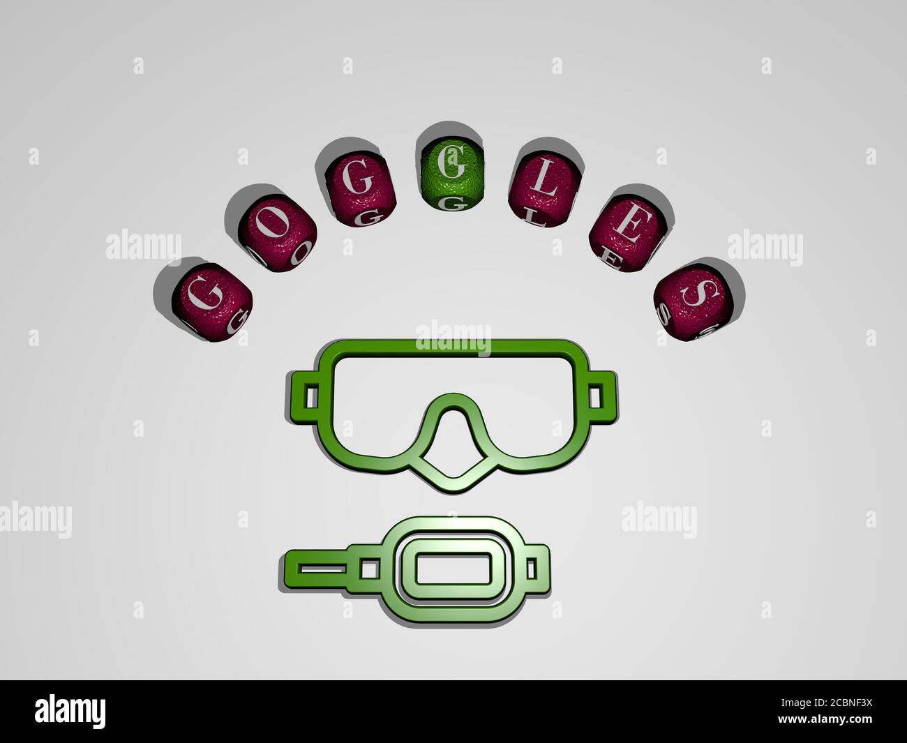 GOGGLES icon surrounded by the text of individual letters, 3D ...