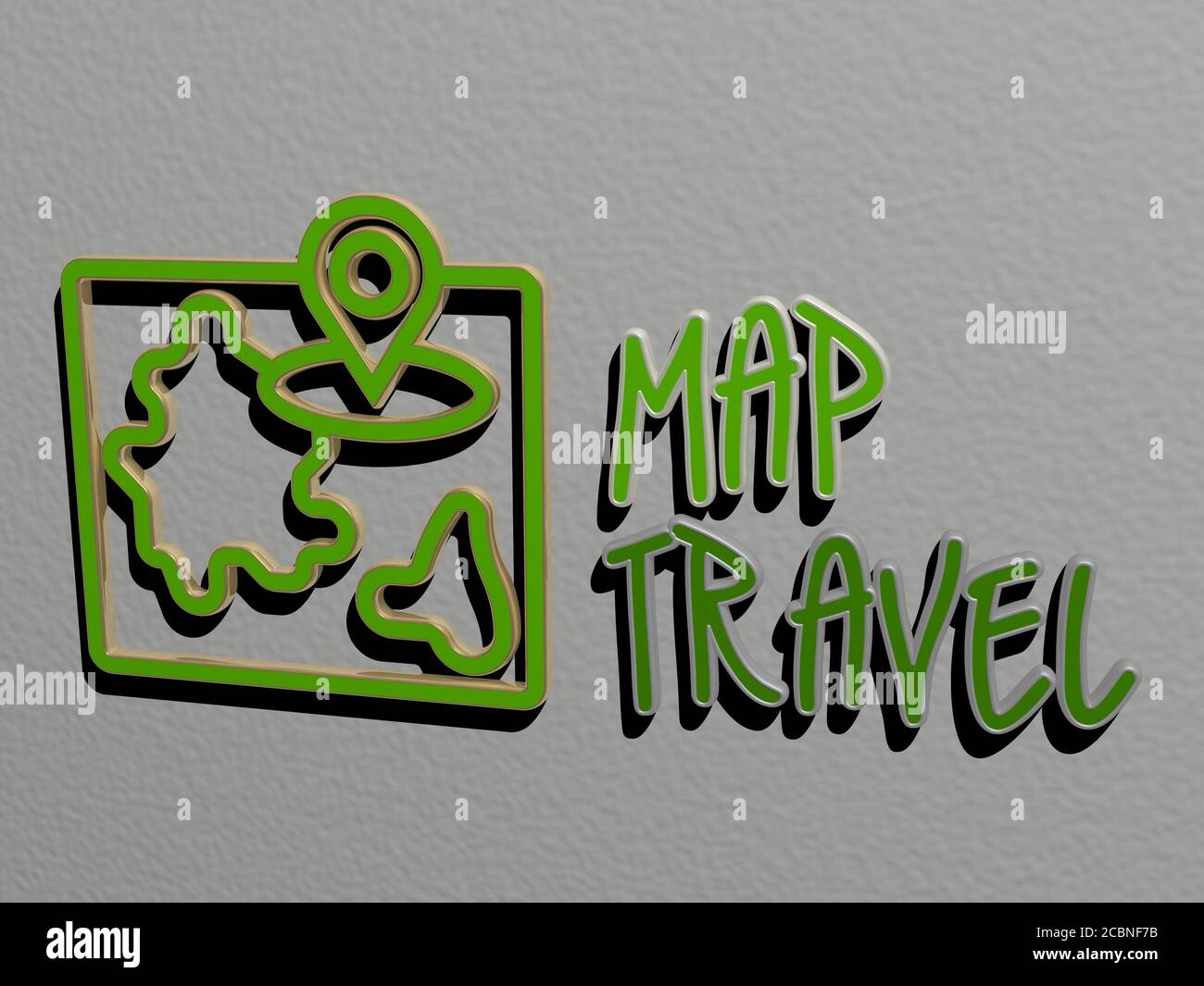 MAP TRAVEL icon and text on the wall, 3D illustration for background ...