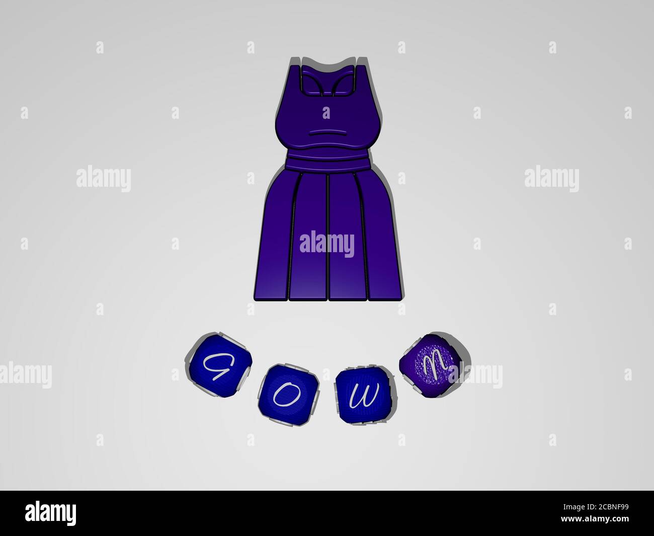 GOWN text around the 3D icon, 3D illustration for beautiful and dress ...