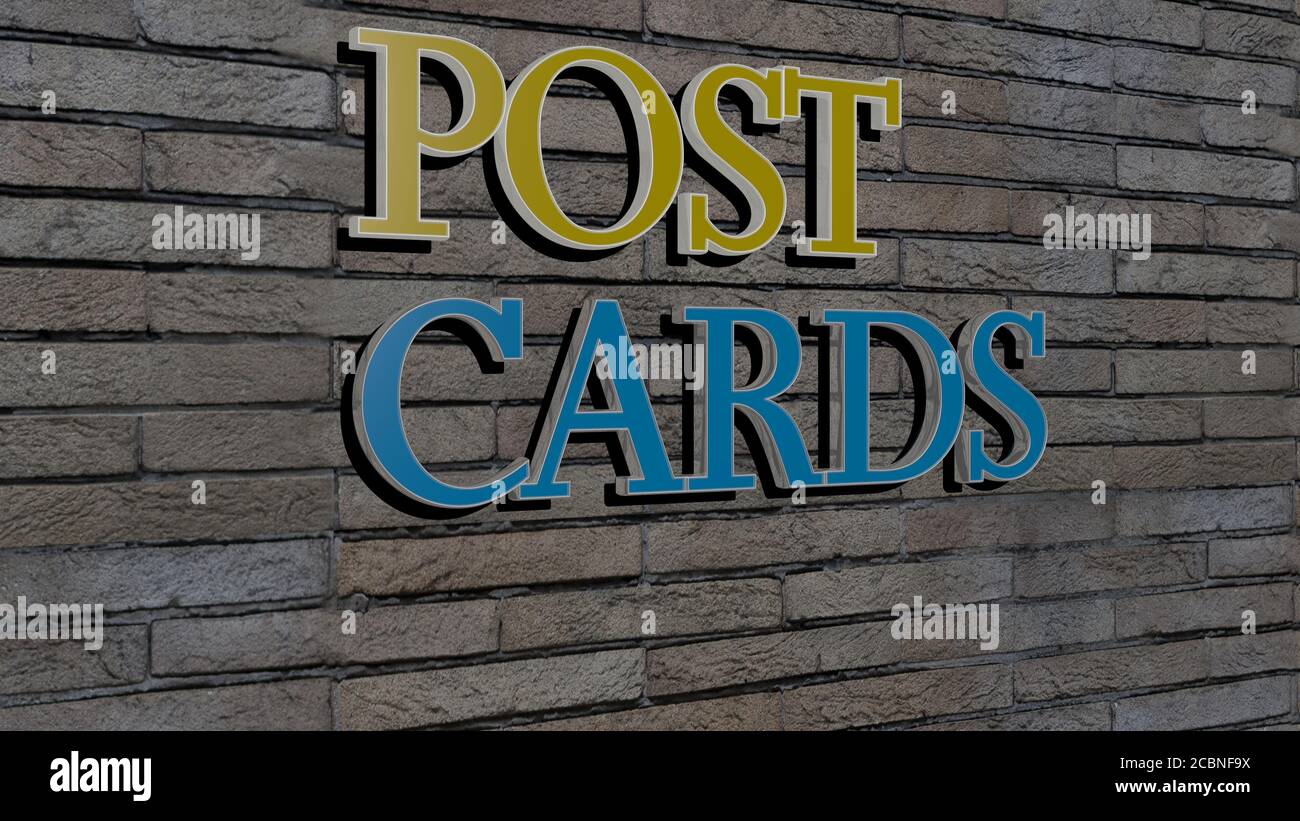 post cards text on textured wall, 3D illustration for background and ...