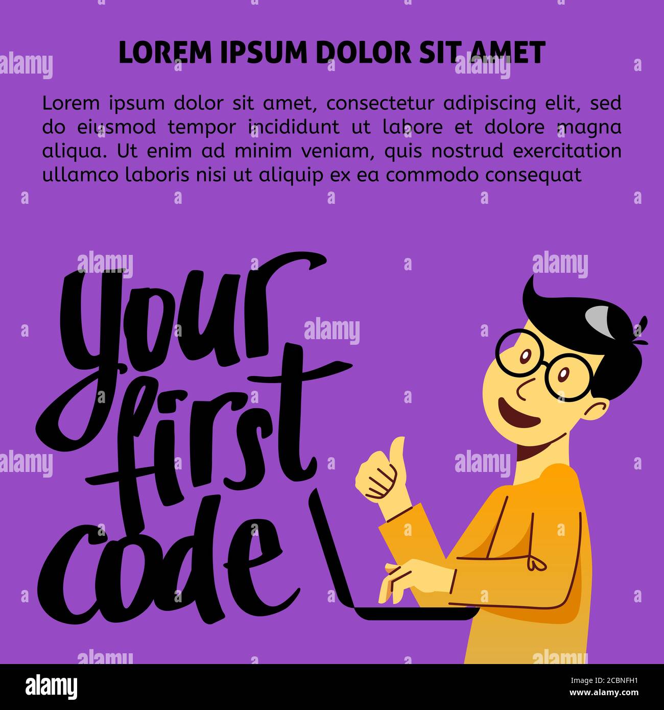 A square image of the boy who studies coding. A vector image for a ...