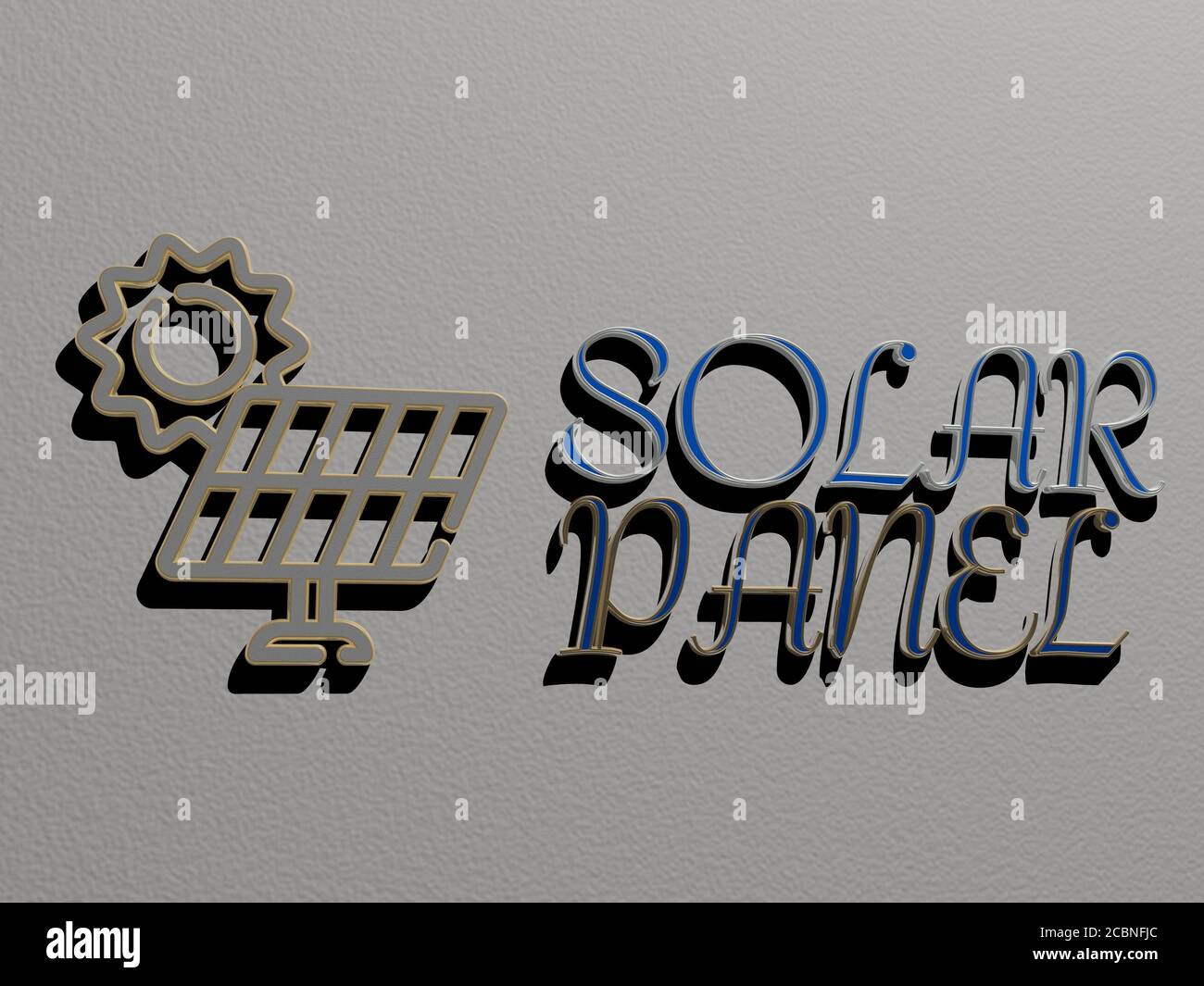 solar panel icon and text on the wall, 3D illustration for energy and ...