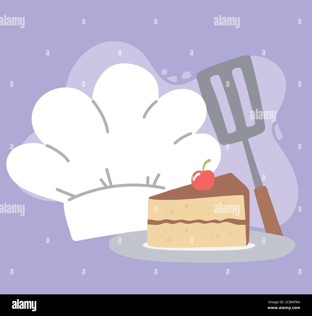 chef hat spatula and slice cake food cartoon vector illustration Stock ...