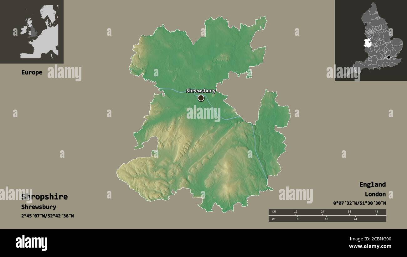 Shape of Shropshire, administrative county of England, and its capital ...