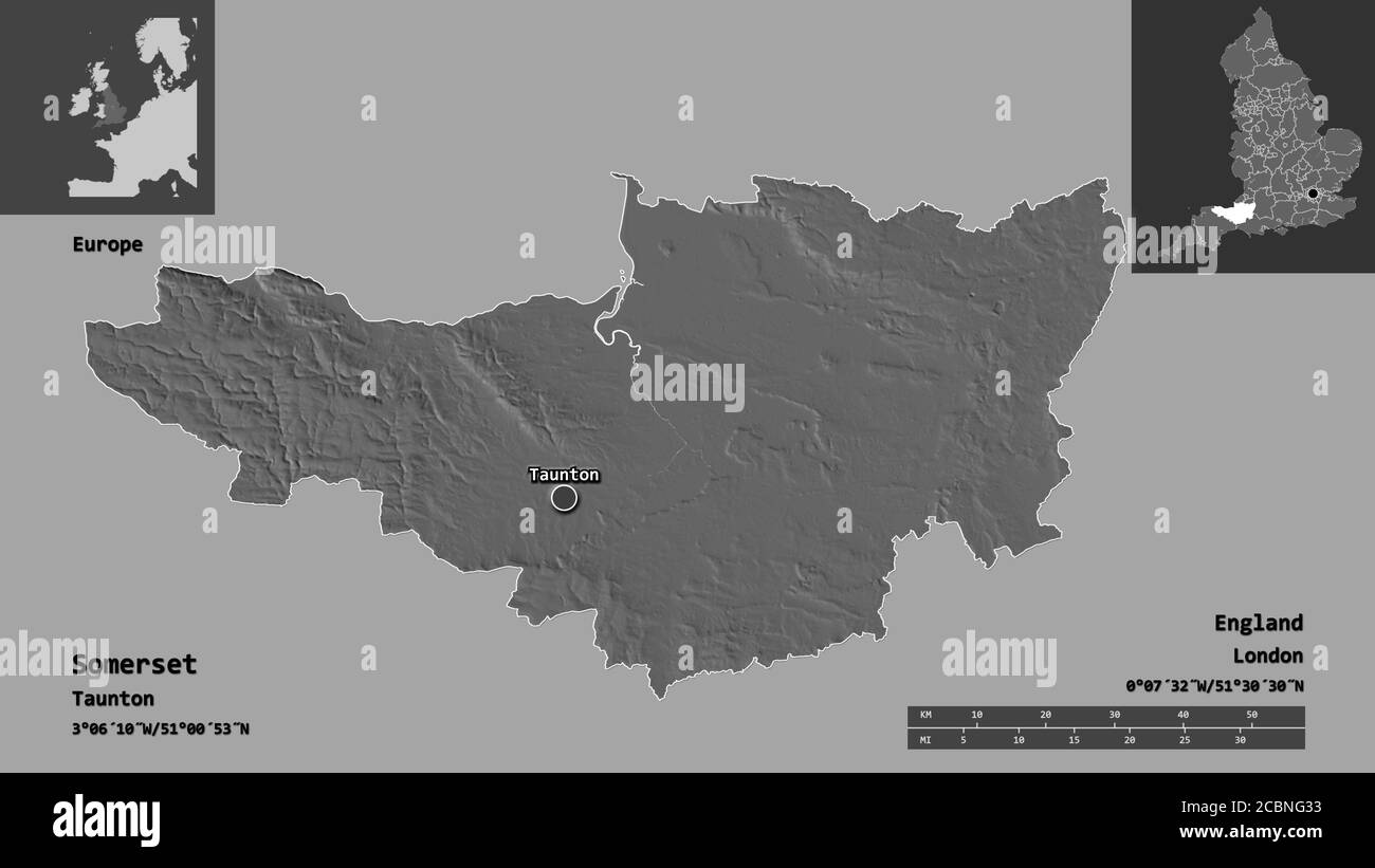 Shape of Somerset, administrative county of England, and its capital ...