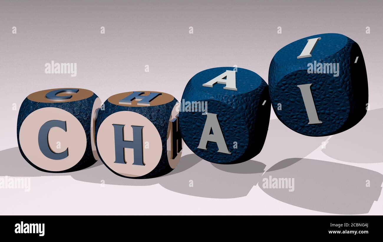 CHAI text by dancing dice letters, 3D illustration for thailand and ...