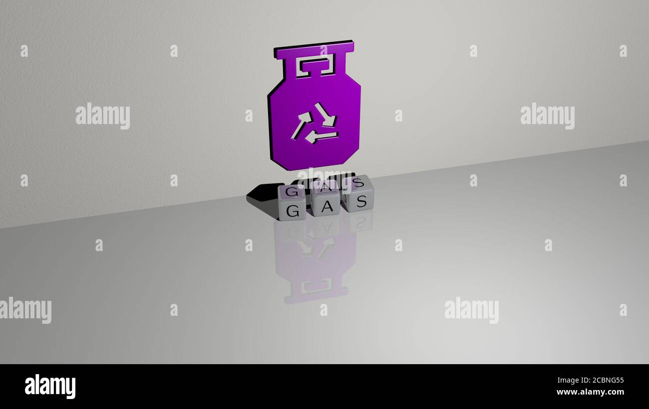 GAS text of cubic dice letters on the floor and 3D icon on the wall, 3D ...