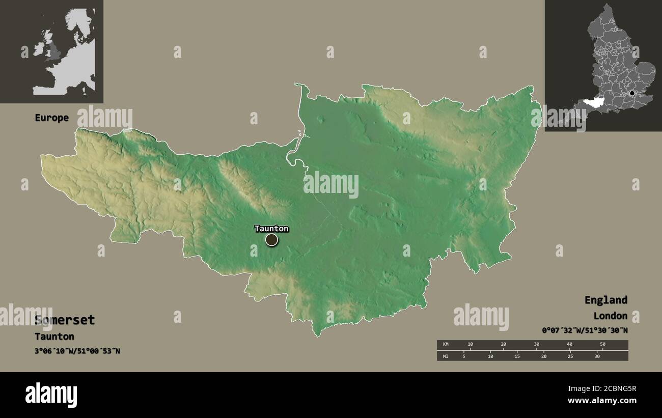 Shape of Somerset, administrative county of England, and its capital ...