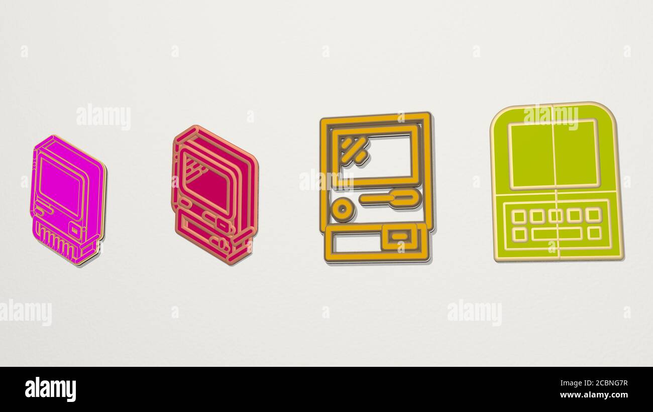 old computer 4 icons set, 3D illustration Stock Photo - Alamy