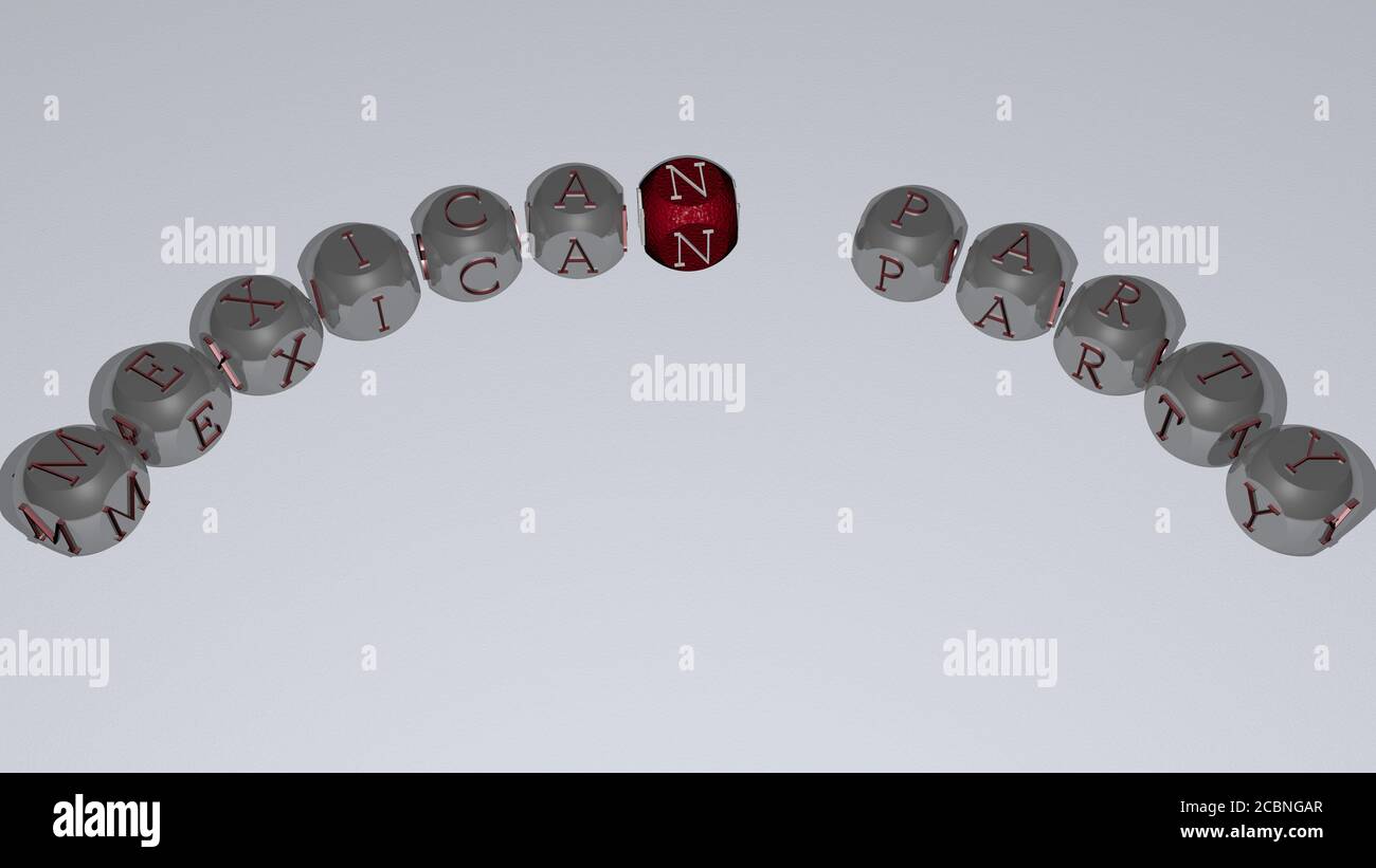mexican party text of dice letters with curvature, 3D illustration for ...