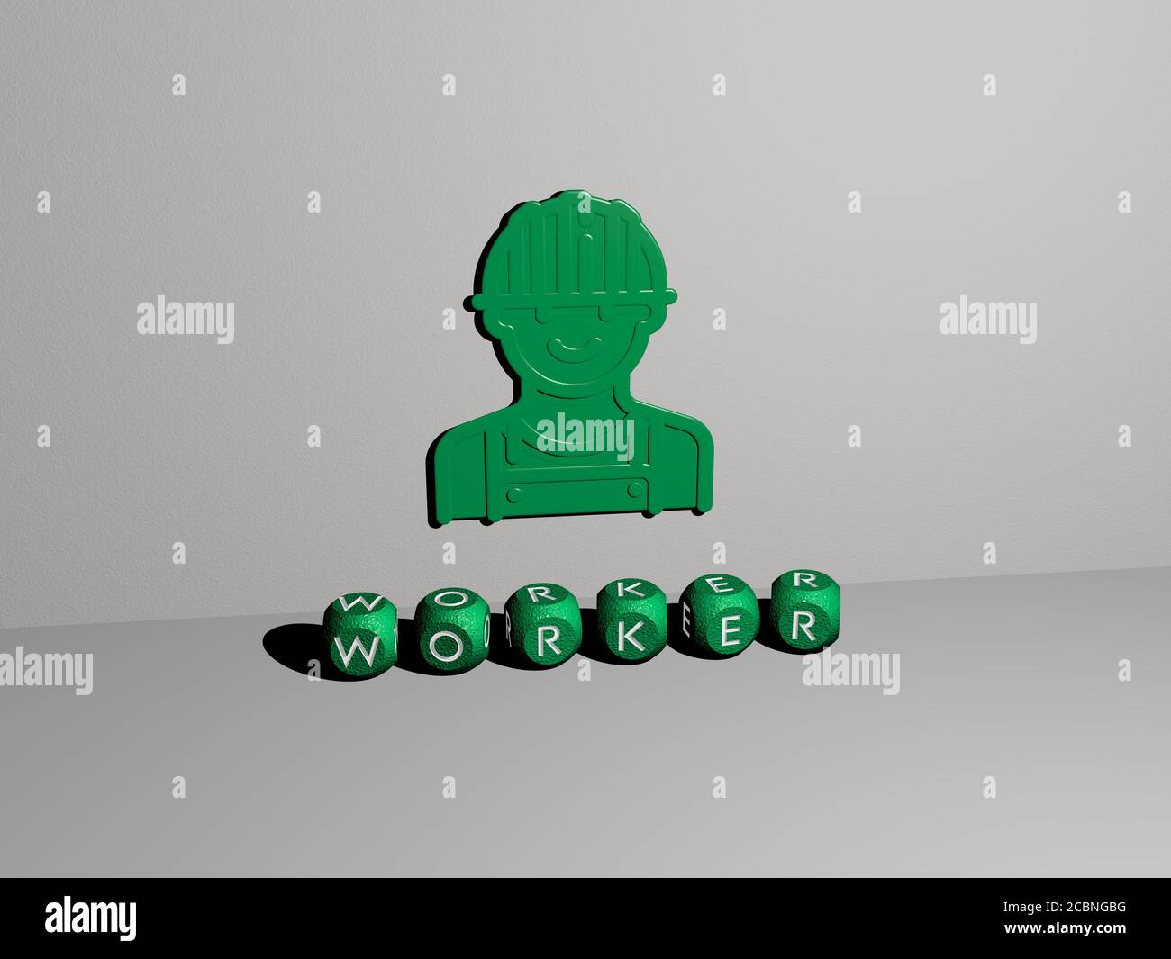 worker 3D icon on the wall and text of cubic alphabets on the floor, 3D ...