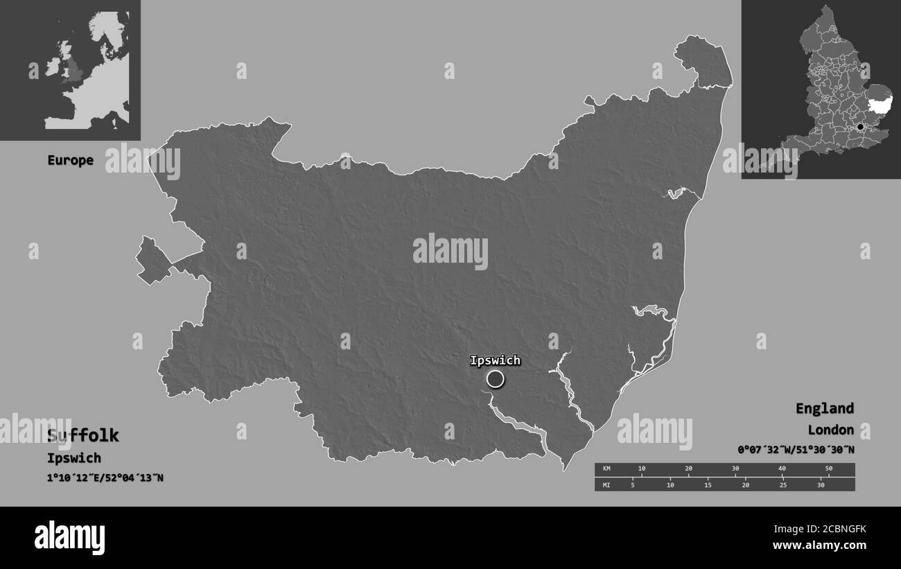 Shape of Suffolk, administrative county of England, and its capital ...