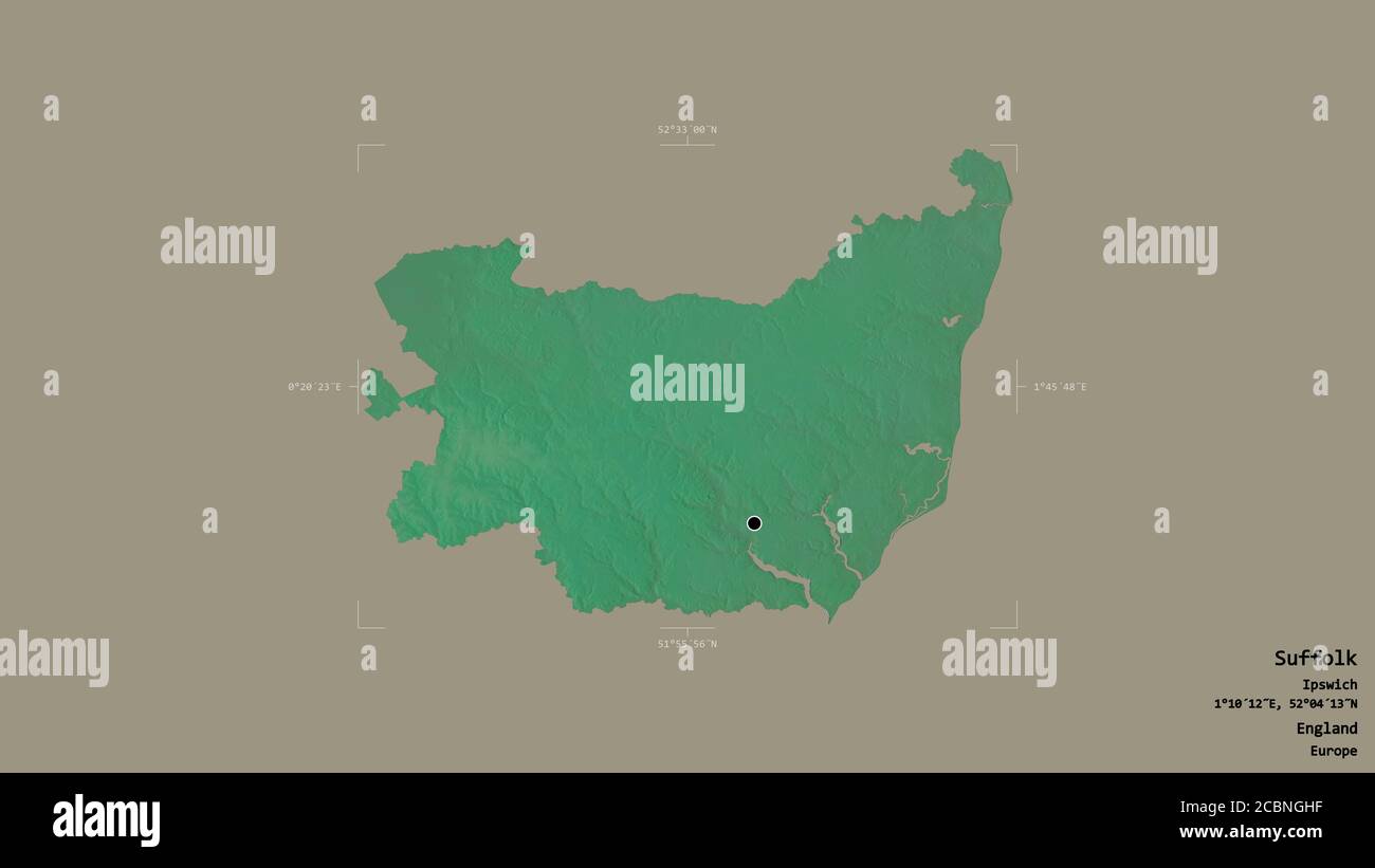 Area of Suffolk, administrative county of England, isolated on a solid ...