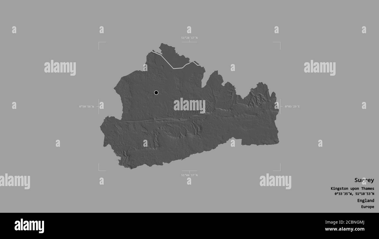 Area of Surrey, administrative county of England, isolated on a solid ...