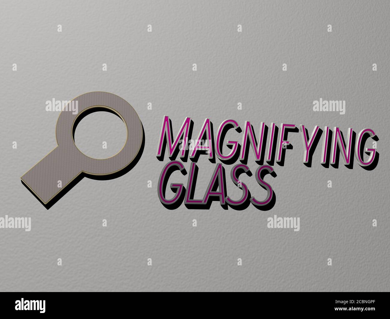MAGNIFYING GLASS icon and text on the wall, 3D illustration for concept ...
