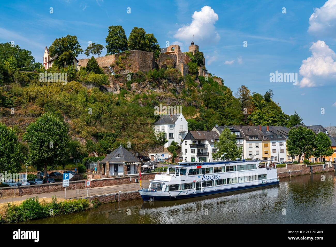 The town of Saarburg, on the Saar river, castle, excursion boat ...