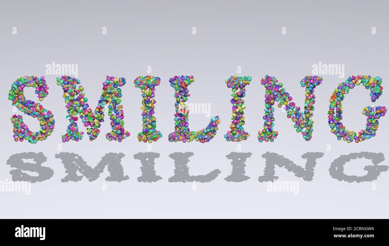 Colorful 3D writting of SMILING text with small objects over a white ...