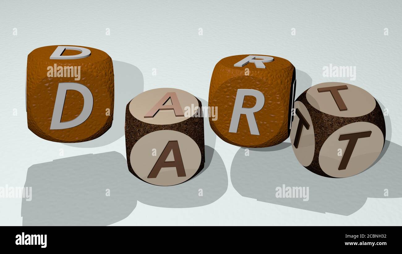 DART text by dancing dice letters, 3D illustration for arrow and target ...