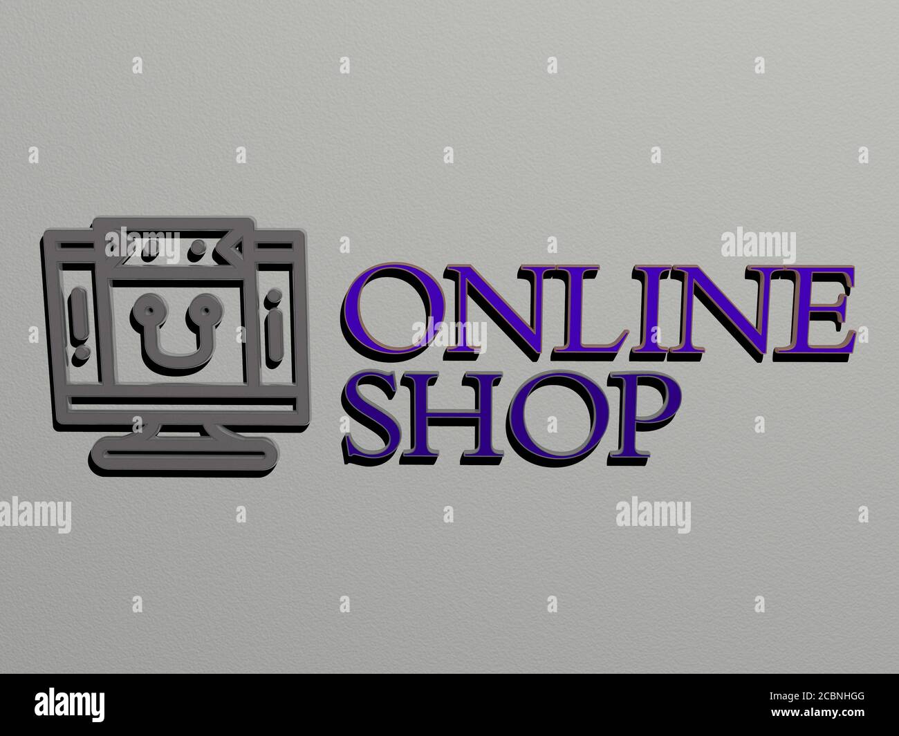 ONLINE SHOP icon and text on the wall, 3D illustration for business and ...