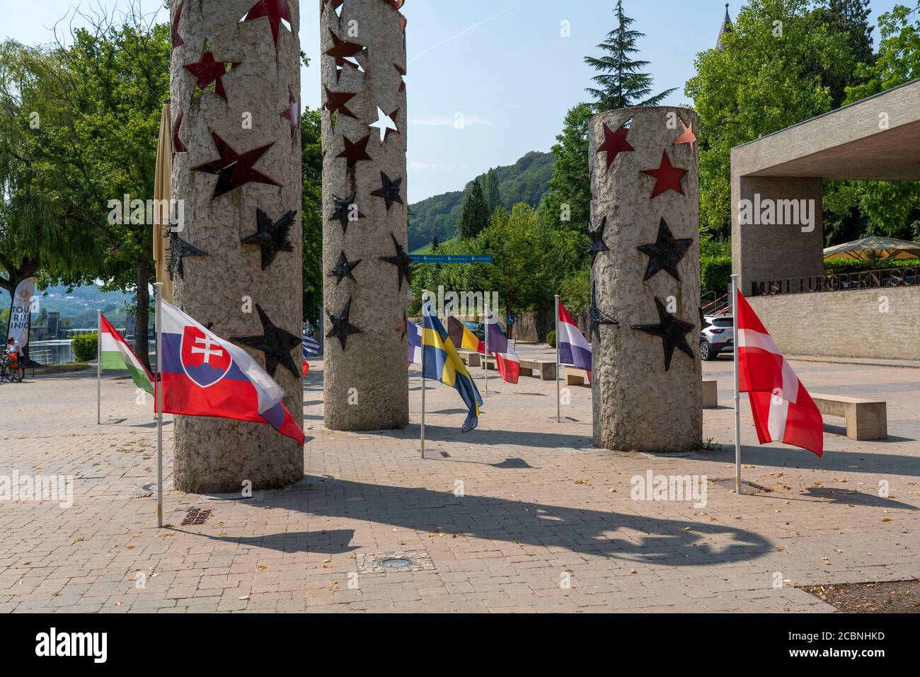 The town of Schengen, on the Moselle, in the Grand Duchy of Luxembourg ...