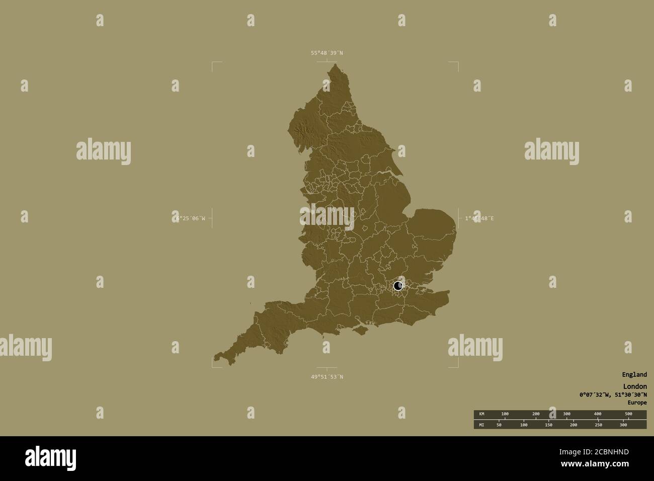 Area of England isolated on a solid background in a georeferenced ...