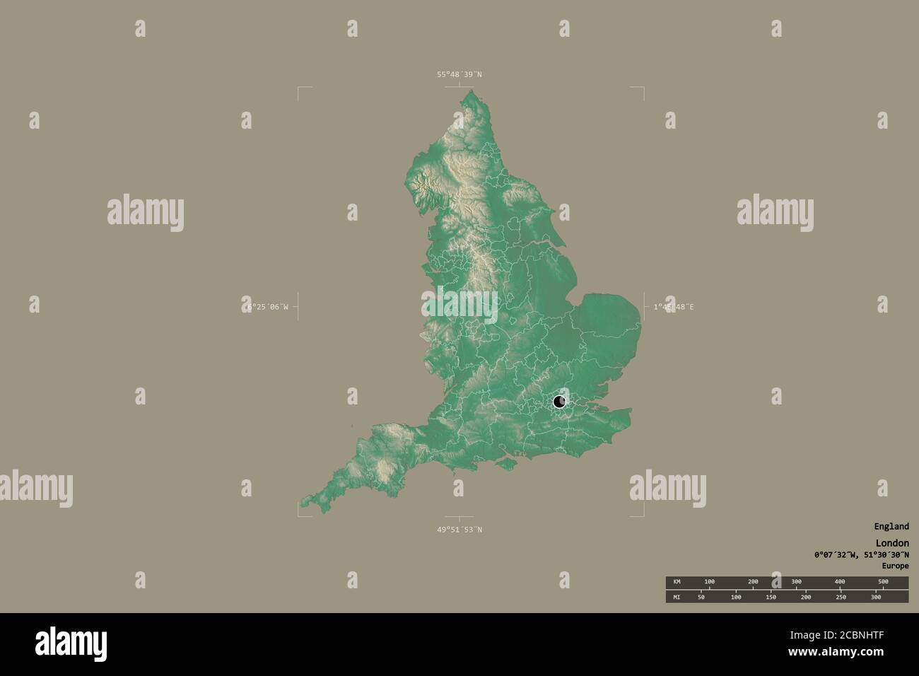 Area of England isolated on a solid background in a georeferenced ...