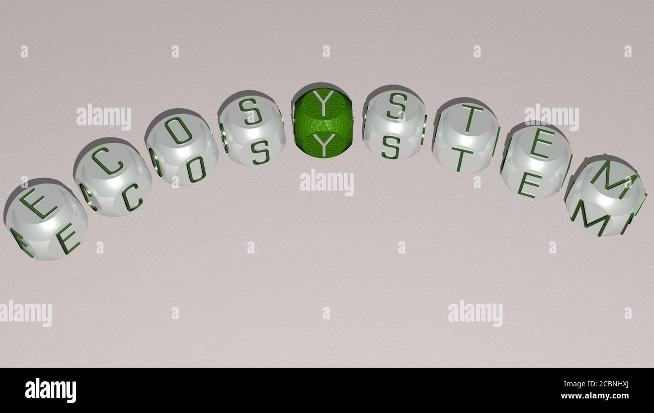 ecosystem curved text of cubic dice letters, 3D illustration for ...