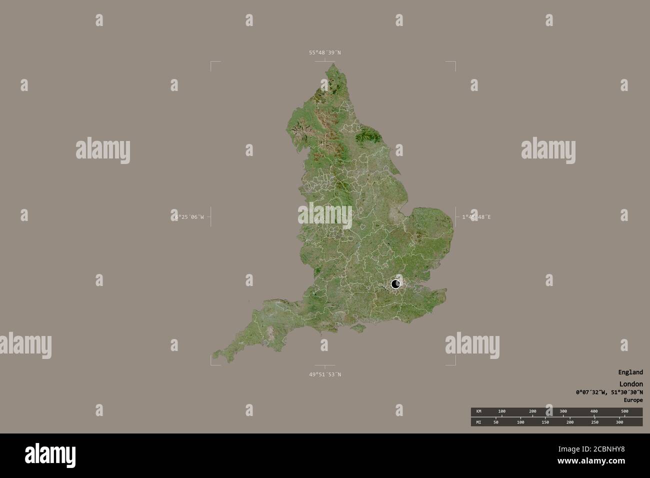 Area of England isolated on a solid background in a georeferenced ...