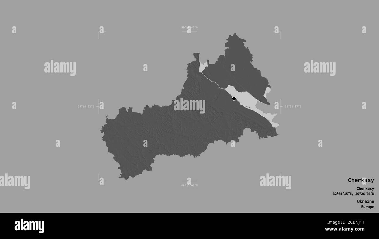 Area of Cherkasy, region of Ukraine, isolated on a solid background in ...