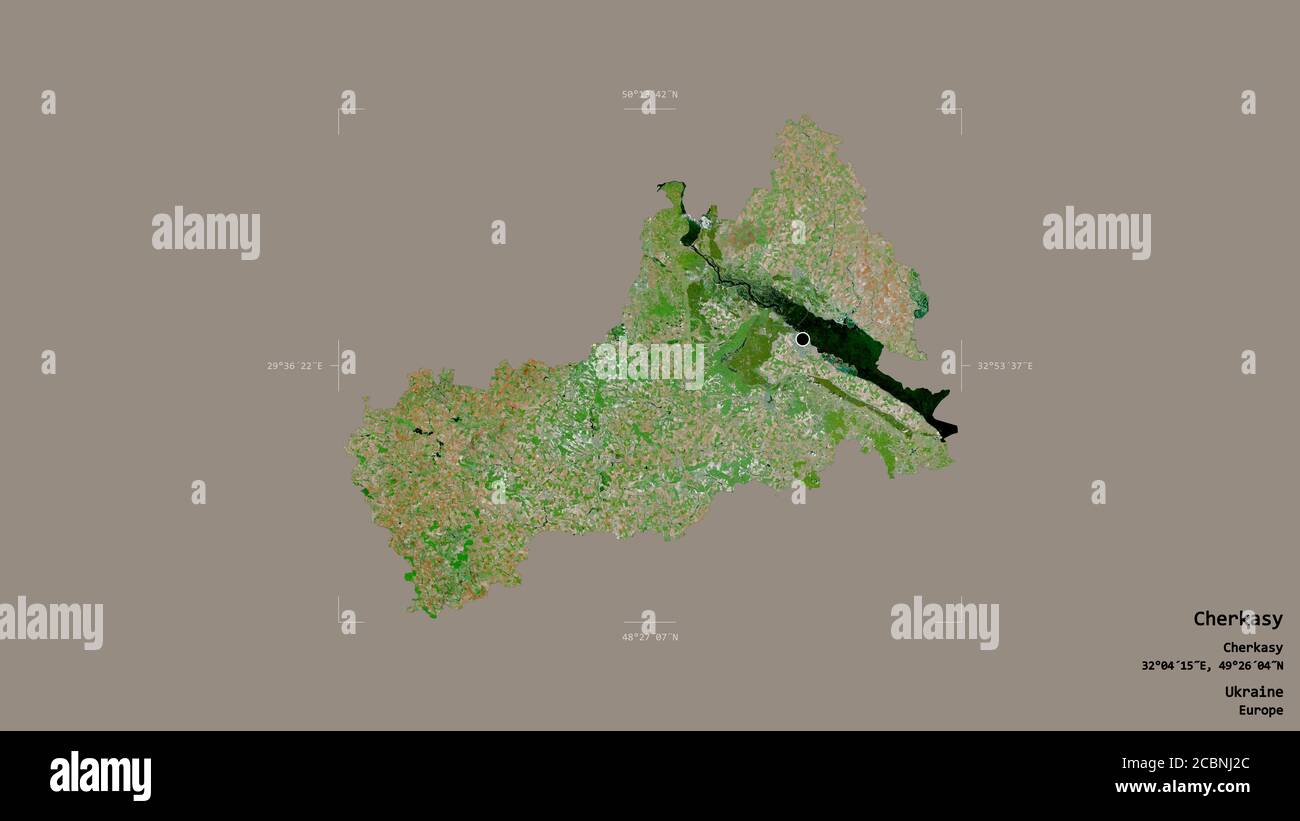 Area of Cherkasy, region of Ukraine, isolated on a solid background in ...