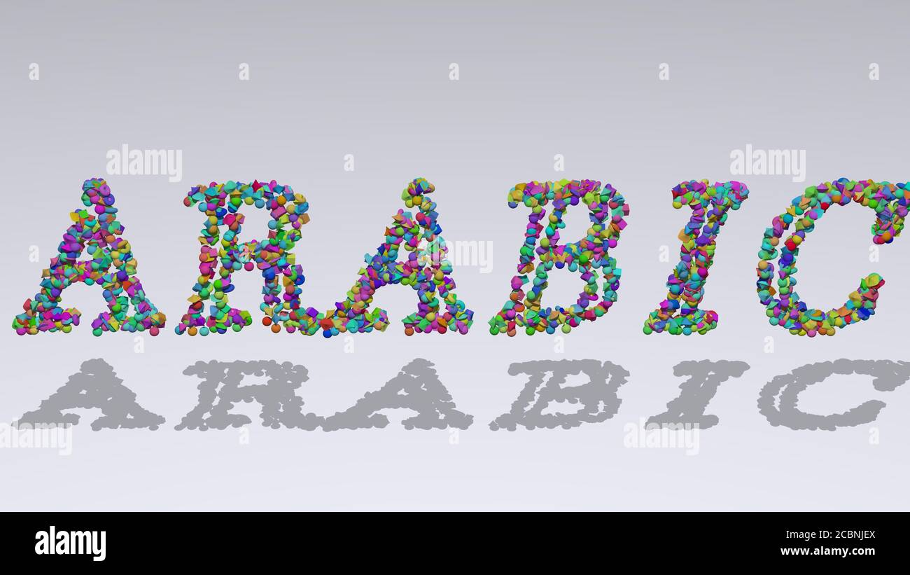 Colorful 3D writting of ARABIC text with small objects over a white ...