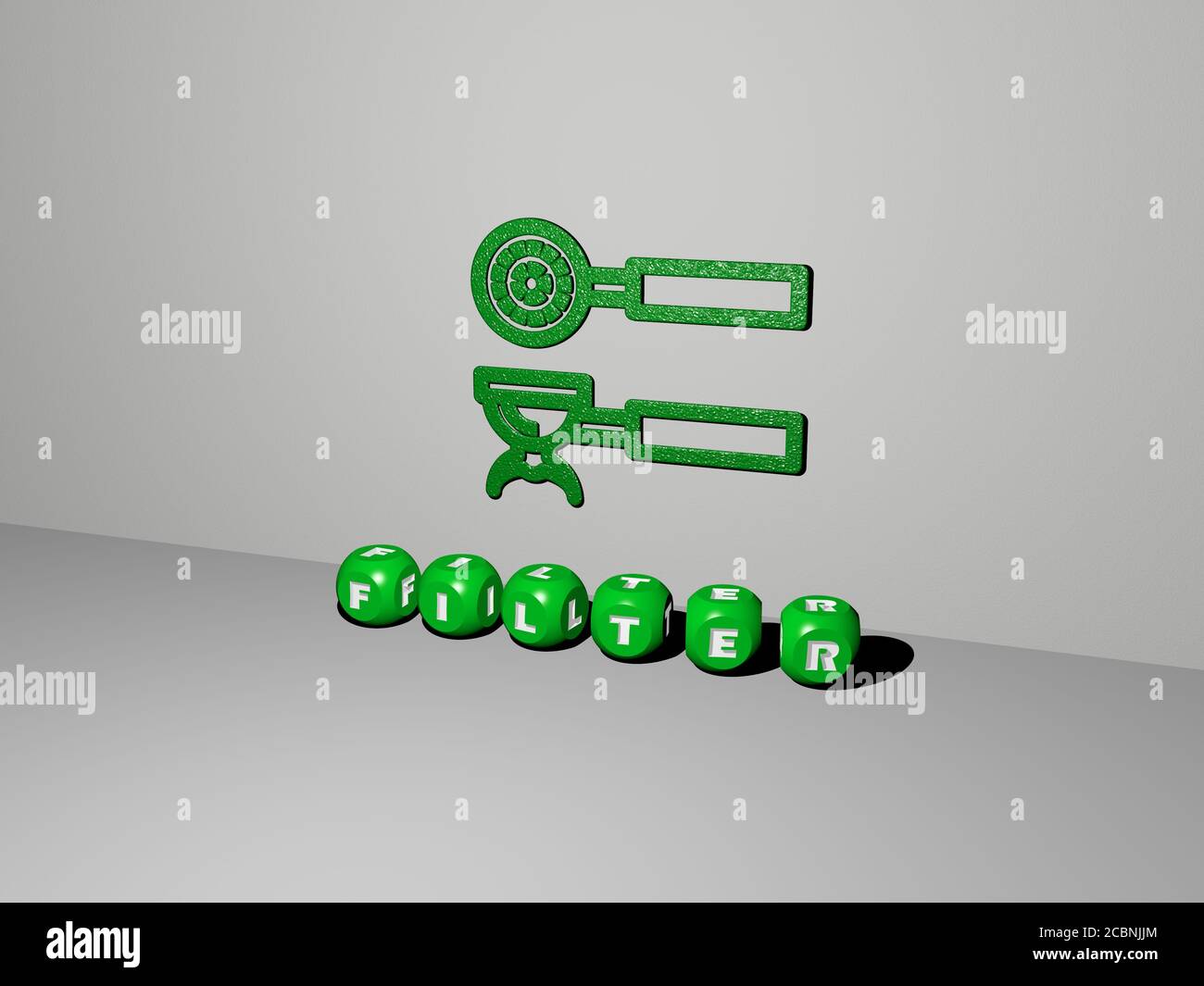 3D representation of FILTER with icon on the wall and text arranged by ...