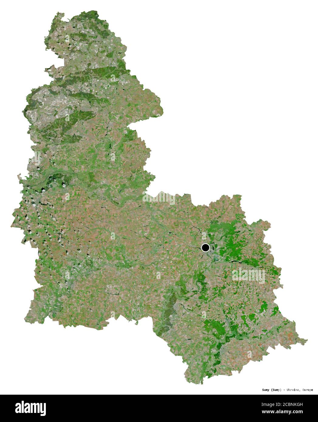 Shape of Sumy, region of Ukraine, with its capital isolated on white ...