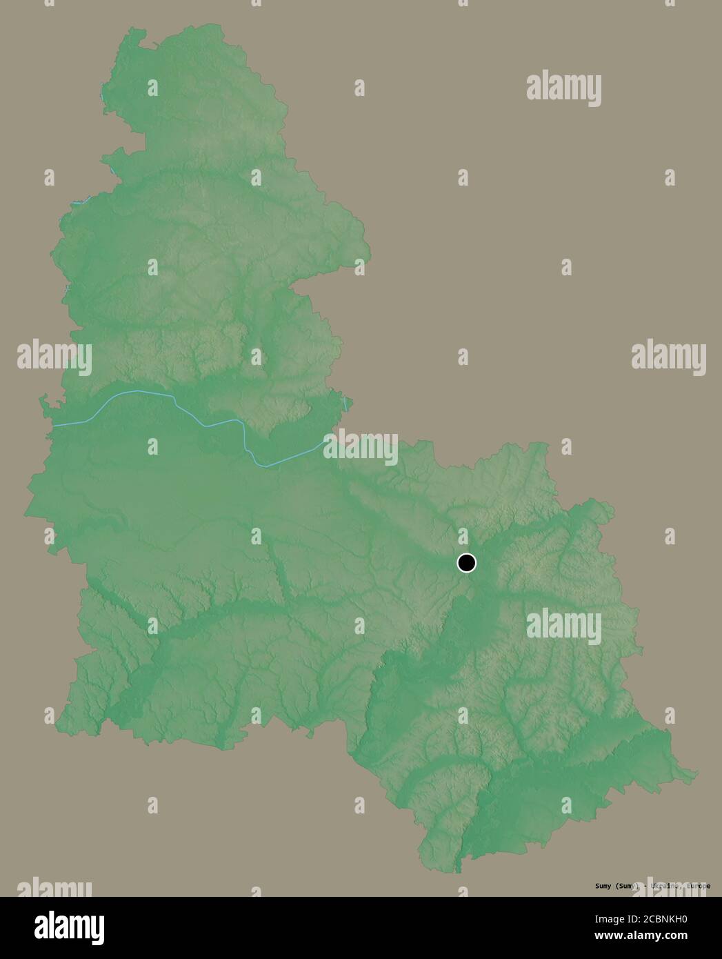 Shape of Sumy, region of Ukraine, with its capital isolated on a solid ...