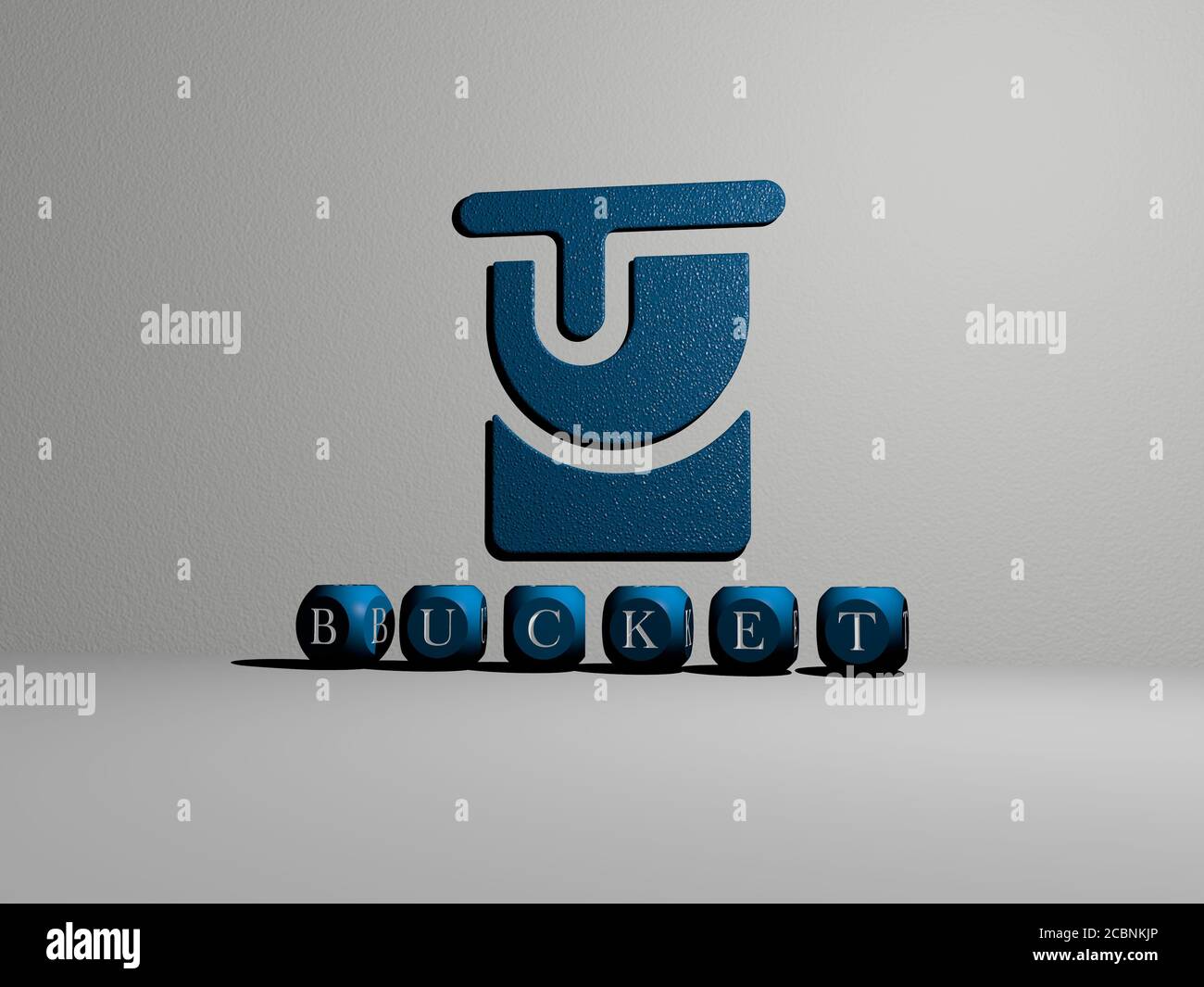 3D illustration of bucket graphics and text made by metallic dice ...