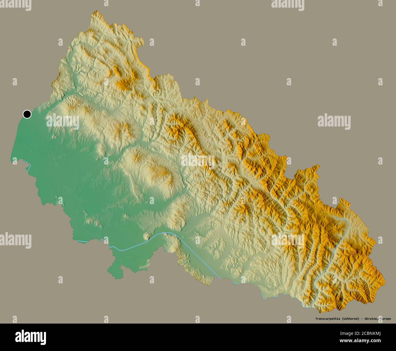 Shape of Transcarpathia, region of Ukraine, with its capital isolated ...