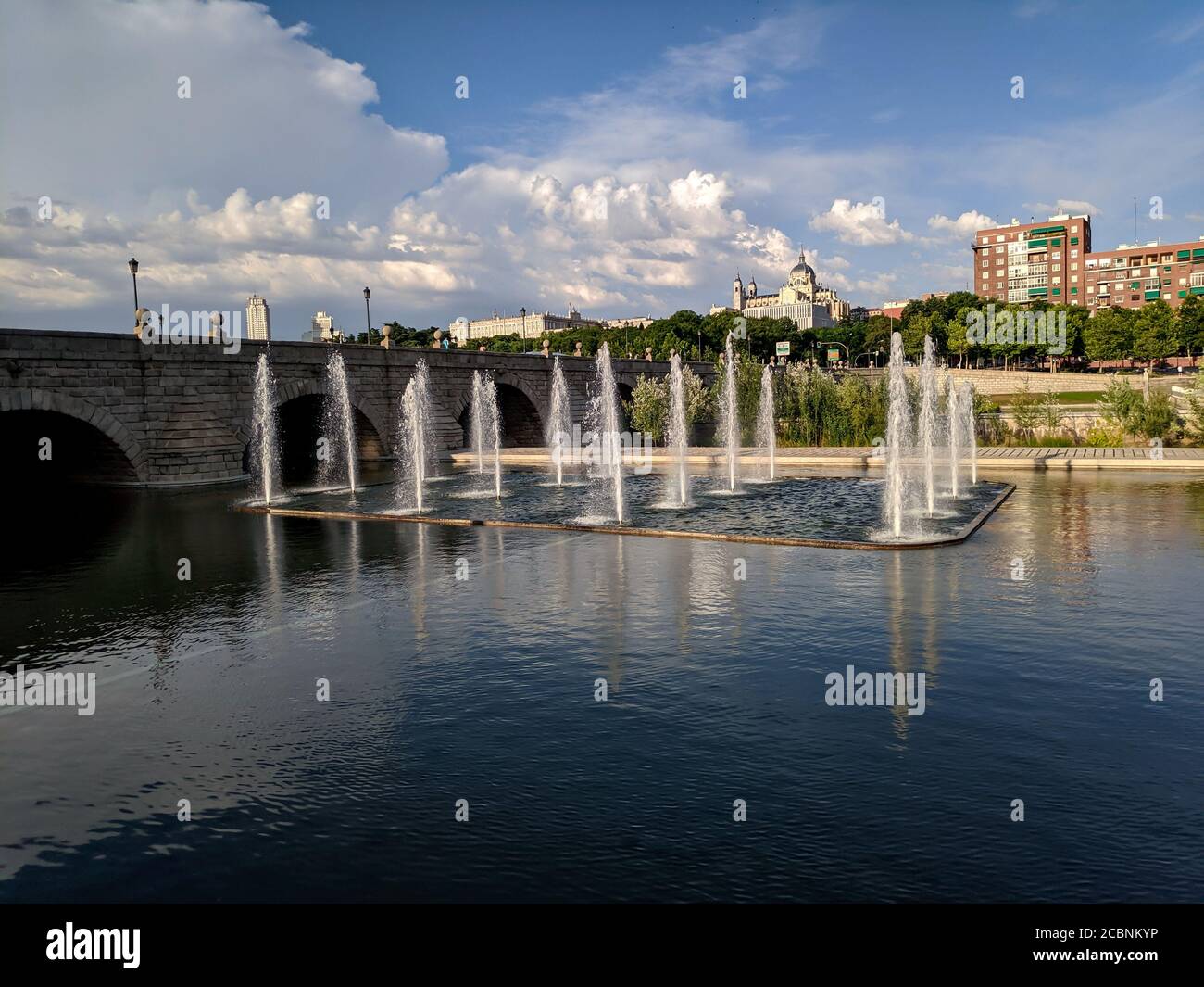 Beautiful view of Segovia Bridge, Manzanares River, and Almudena ...