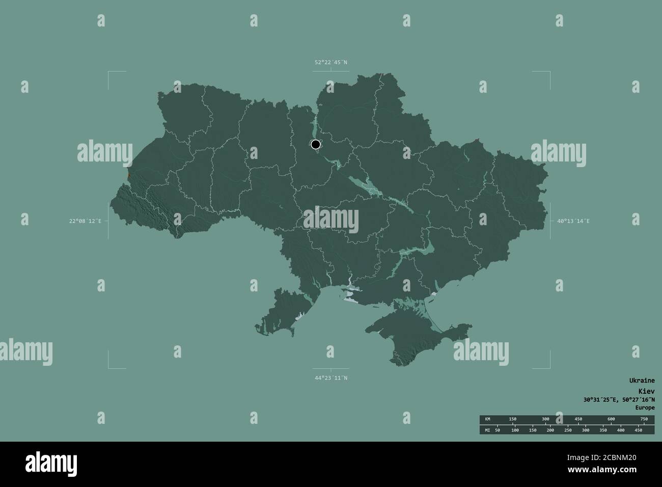 Area of Ukraine isolated on a solid background in a georeferenced ...