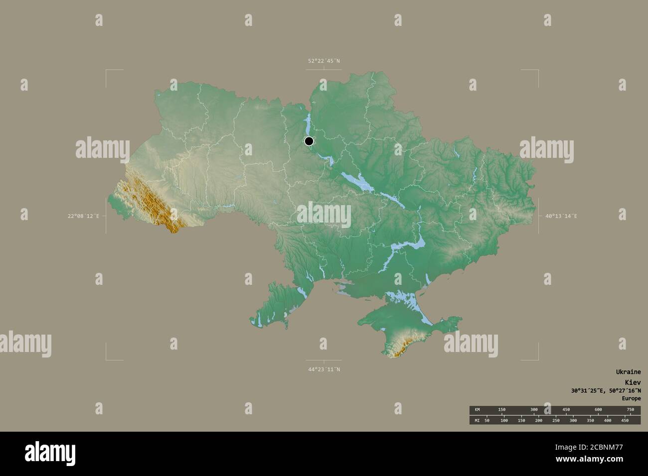 Area of Ukraine isolated on a solid background in a georeferenced ...