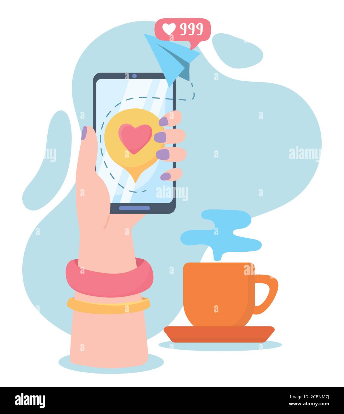 female hand with smartphone like website coffee cup social network ...